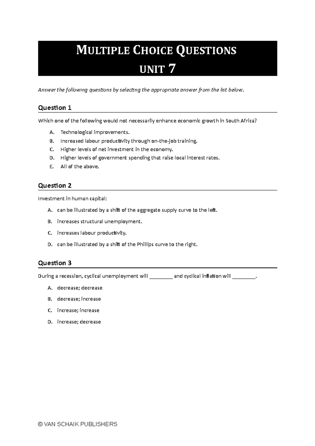 UNIT 7 MCQ Questions MULTIPLE CHOICE QUESTIONS UNIT 7 Answer The