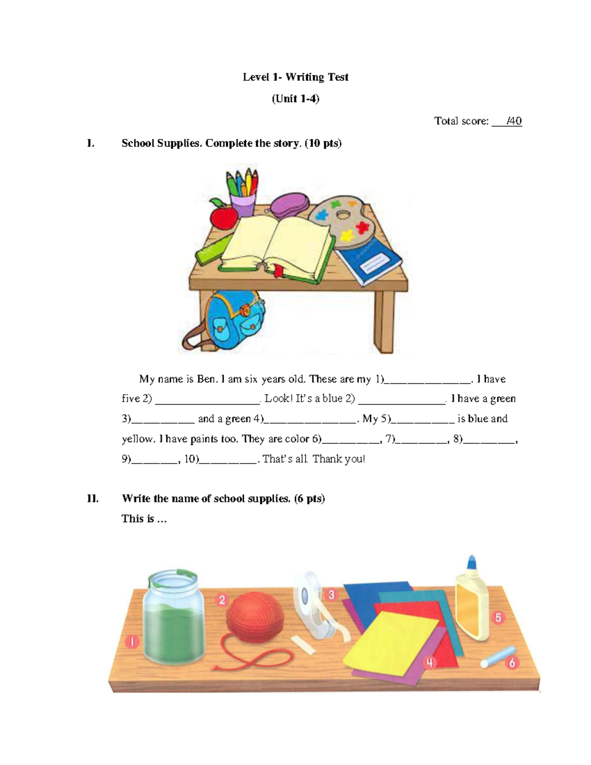 L1 Writing Test Unit 1-4 - Level 1 - Writing Test (Unit 1- 4 ) Total ...