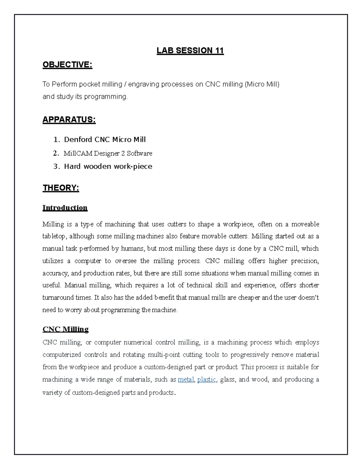 MFCA Lab 11 - MFCA Lab 11 - LAB SESSION 11 OBJECTIVE: To Perform pocket milling / engraving ...