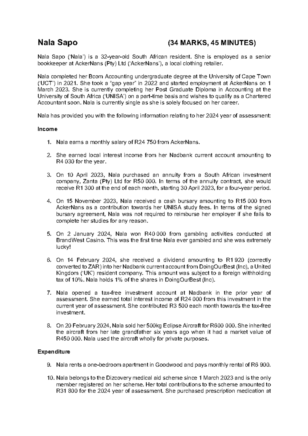 Nala Sapo - exam past paper - Nala Sapo (34 MARKS, 45 MINUTES) Nala ...