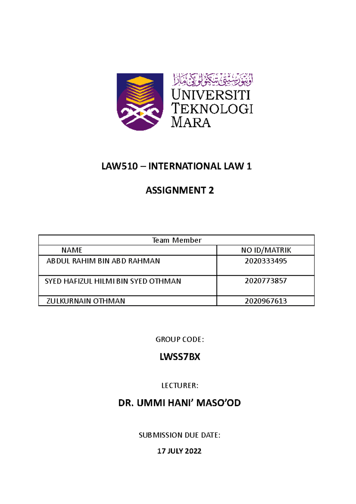 International Law Assignment 2 - LAW510 – INTERNATIONAL LAW 1 ...