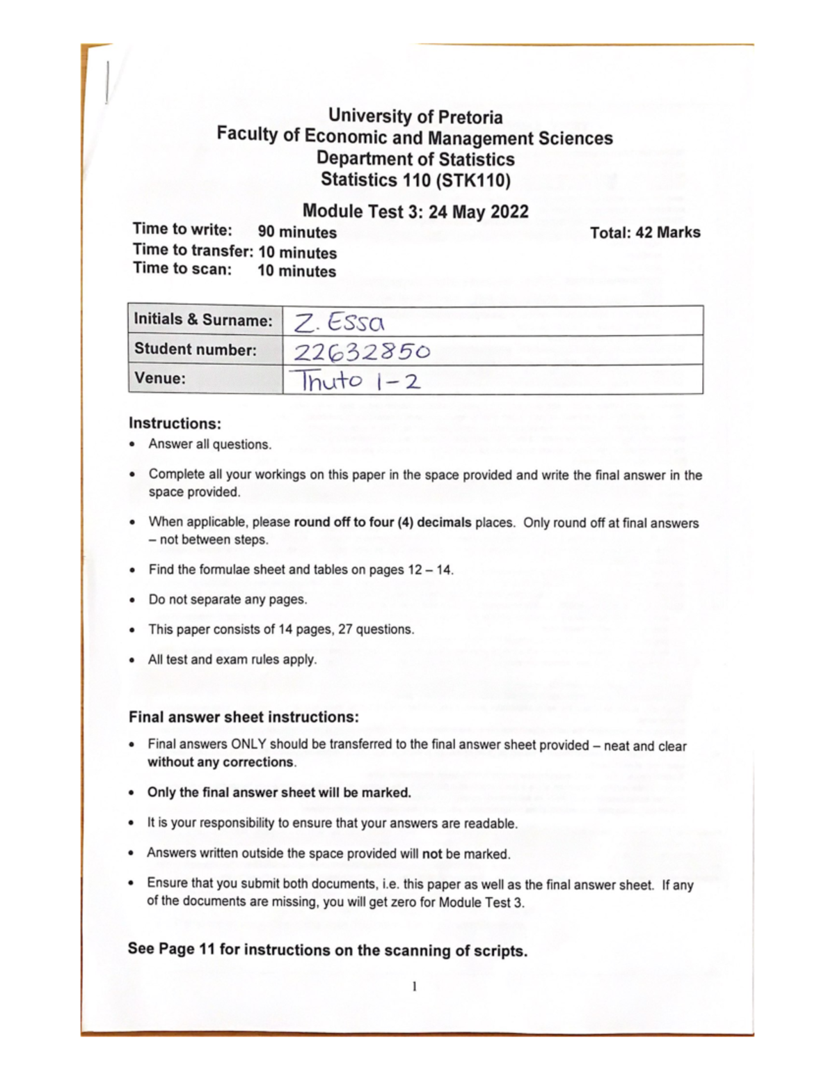 Stk mod test 3 - Module test 3 for stats 110 - STK 110 - Studocu