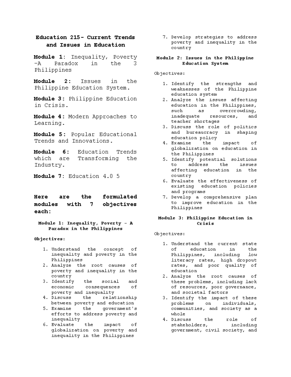 Modules 215 and 206 Mid Summer Terms - Education 215- Current Trends ...