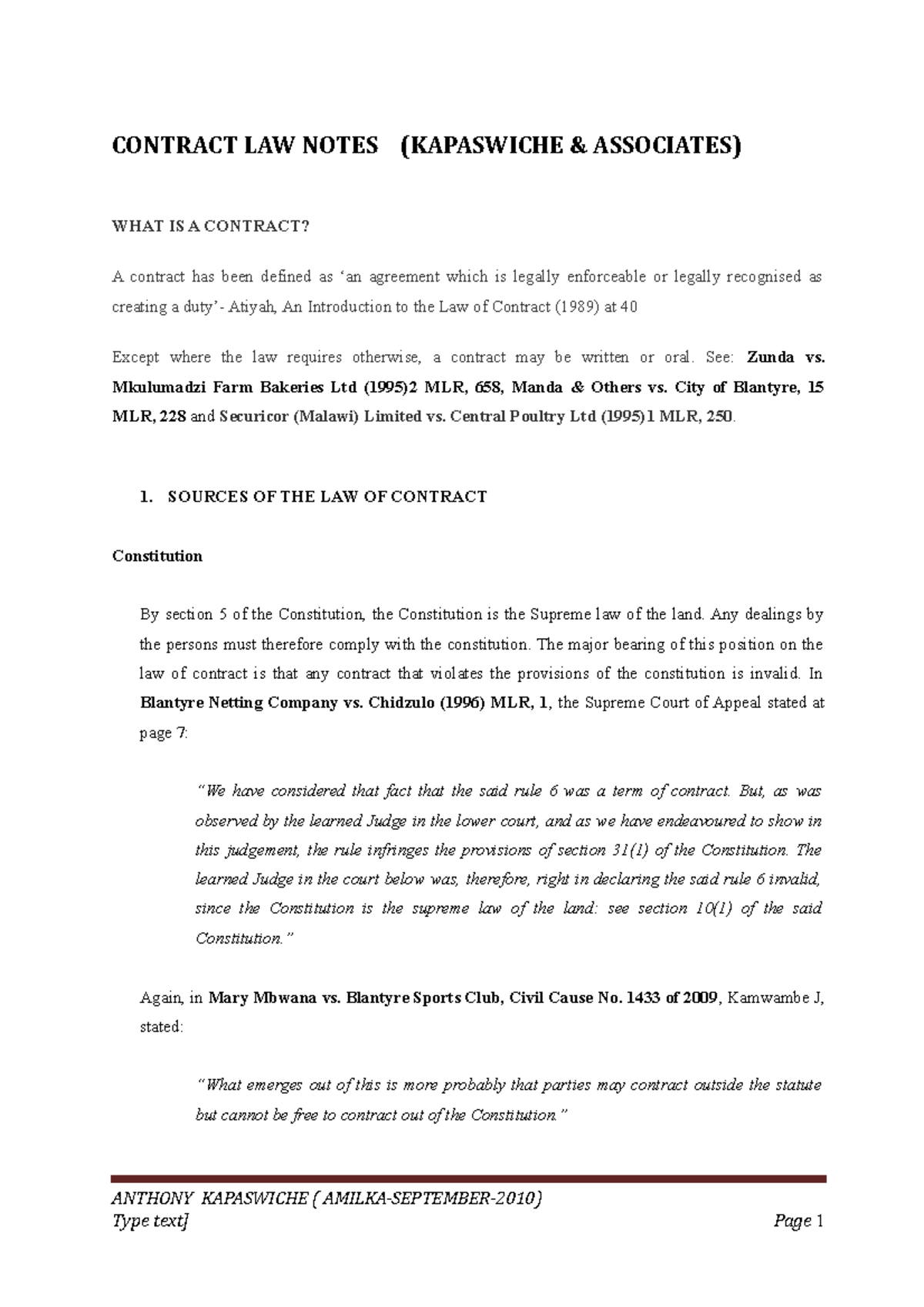 Contract LAW Notes NEW - CONTRACT LAW NOTES (KAPASWICHE & ASSOCIATES ...