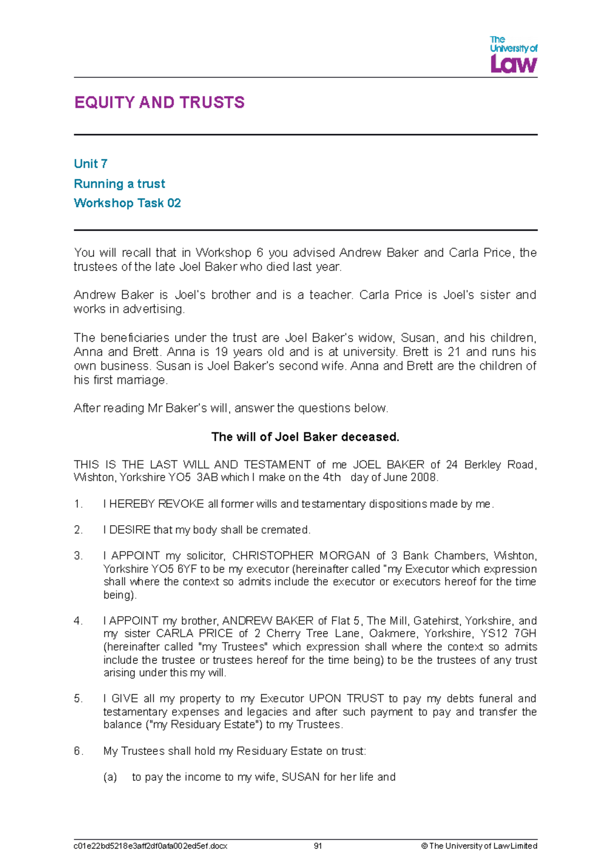 Equity and trust Workshop 7 task 2 - EQUITY AND TRUSTS Unit 7 Running a ...