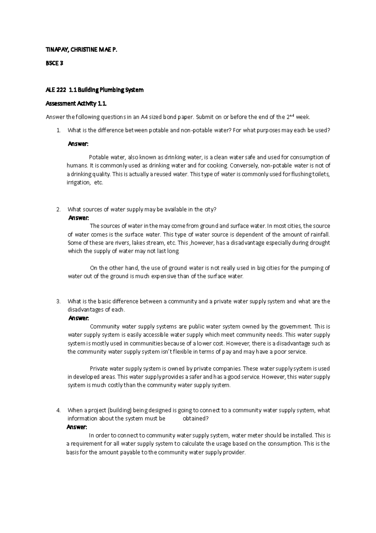 Engineering Utilities 2 - TINAPAY, CHRISTINE MAE P. BSCE 3 ALE 222 1. 1 ...
