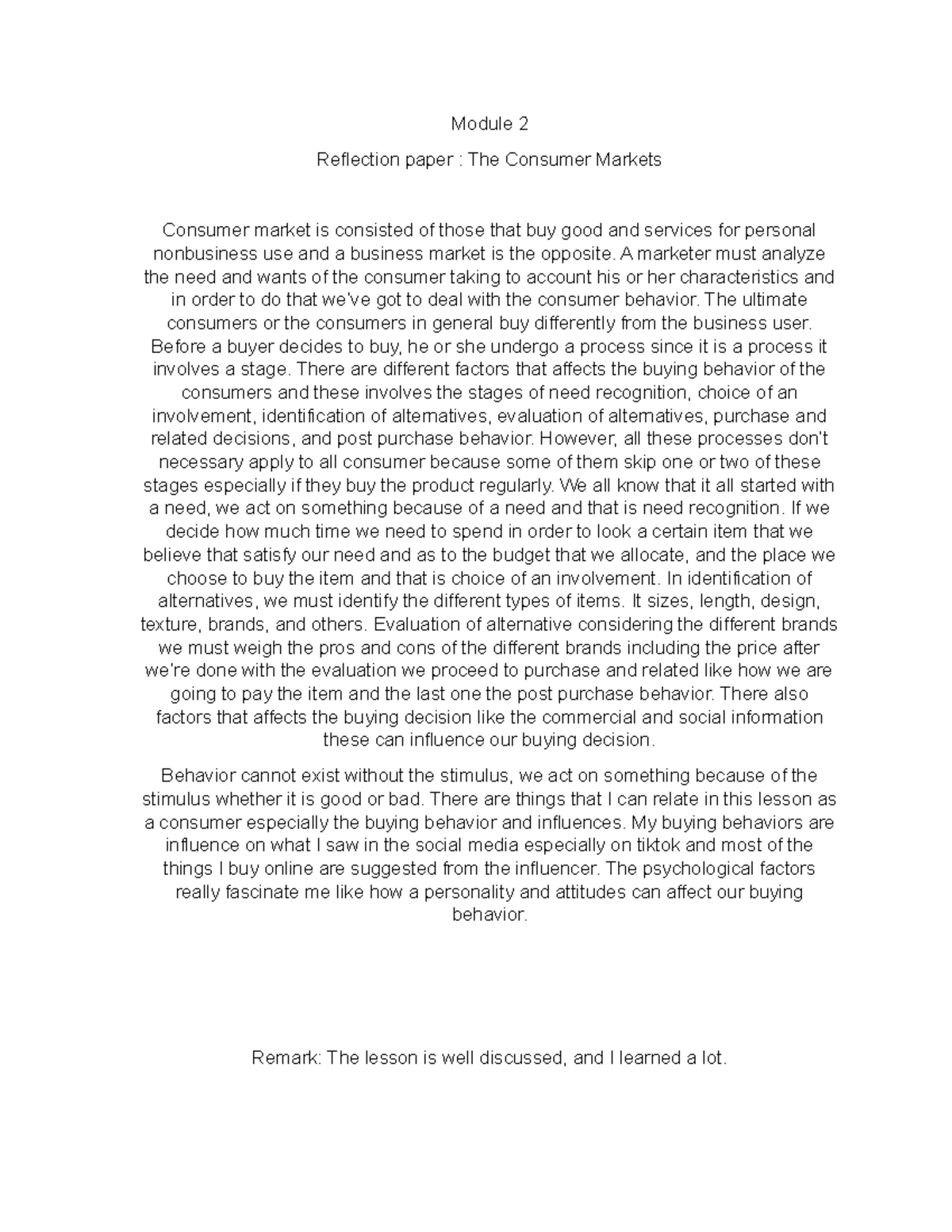 Reflection paper Consumer market in marketing management - Module 2 ...