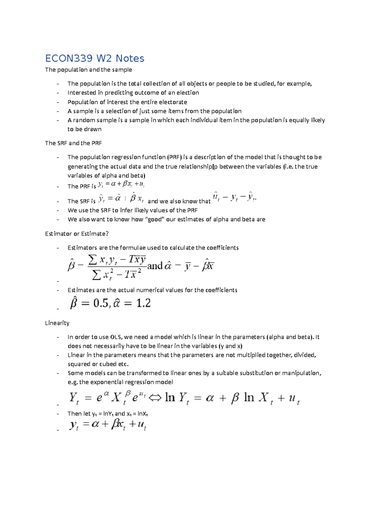 ECON339 W2 Notes - ECON339 W2 Notes The population and the sample - The ...