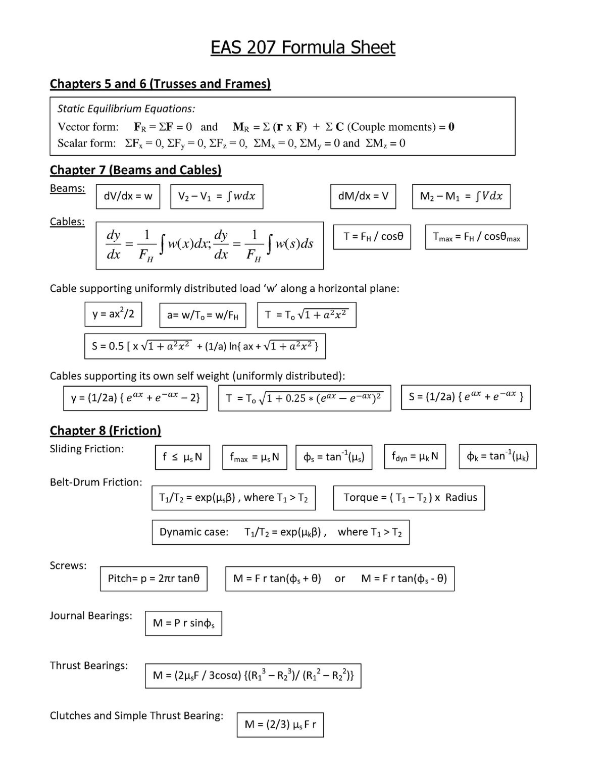 MATH 124 Formula Review - EAS 207 Formula Sheet Chapters 5 and 6 ...