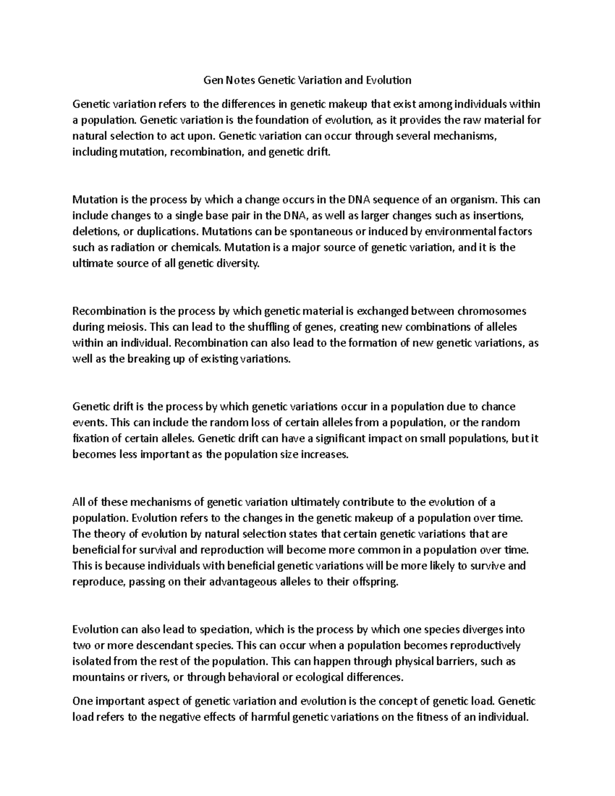 Gen Notes Genetic Variation and Evolution - Genetic variation is the ...