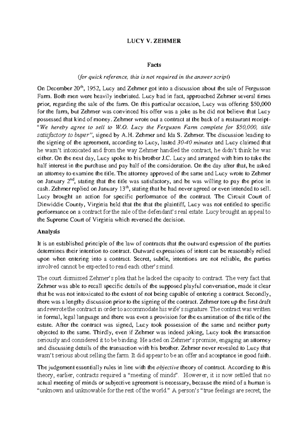 LUCY V. Zehmer Sample Summary - LUCY V. ZEHMER Facts (for quick ...