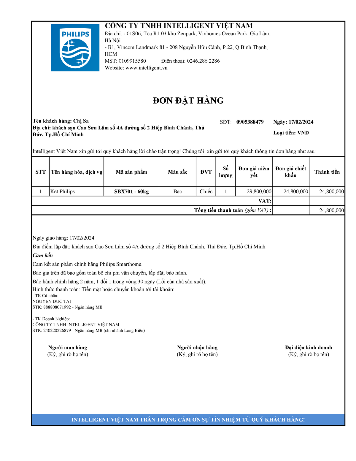 Đơn đặt hàng - Chị Sa - SĐT: 0905388479 Ngày: 17/02/ Loại tiền: VND STT ...