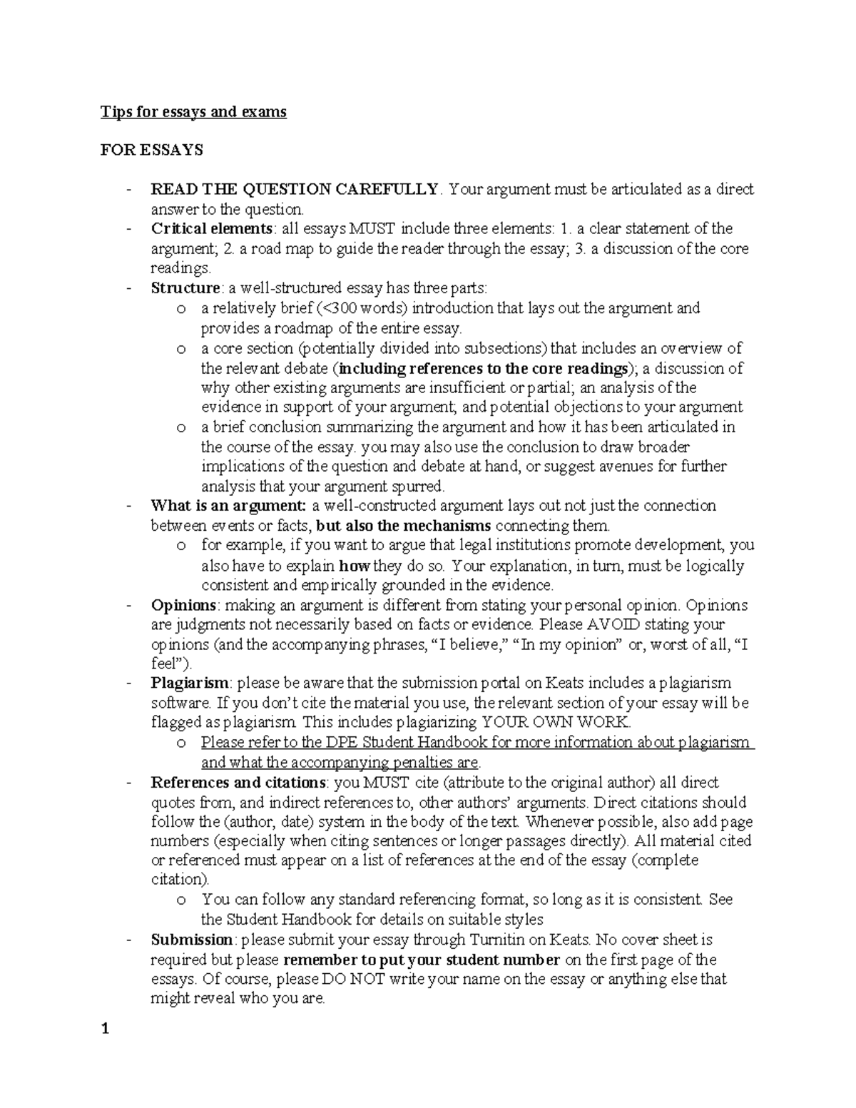 Essays and Exams TIPS - Tips for essays and exams FOR ESSAYS - READ THE ...