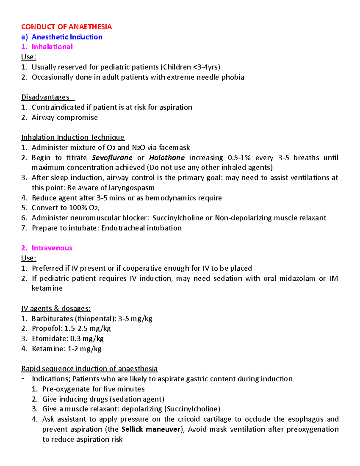 Conduct OF Anaesthesia - CONDUCT OF ANAETHESIA a) Anesthetic Induction ...