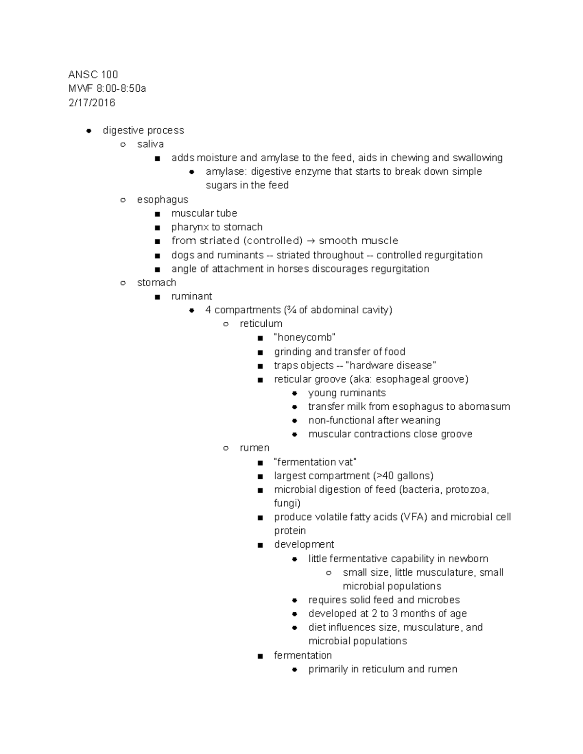 ANSC100_Lecture9 - ANSC 100 MWF 8:00-8:50a 2/17/2016 digestive process ...