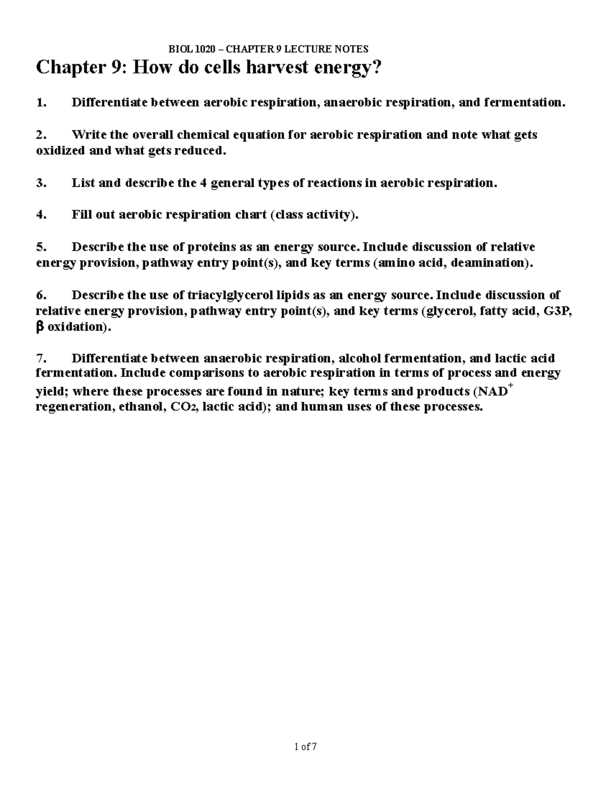 How Do Cells Harvest Energy - BIOL 1020 – CHAPTER 9 LECTURE NOTES ...
