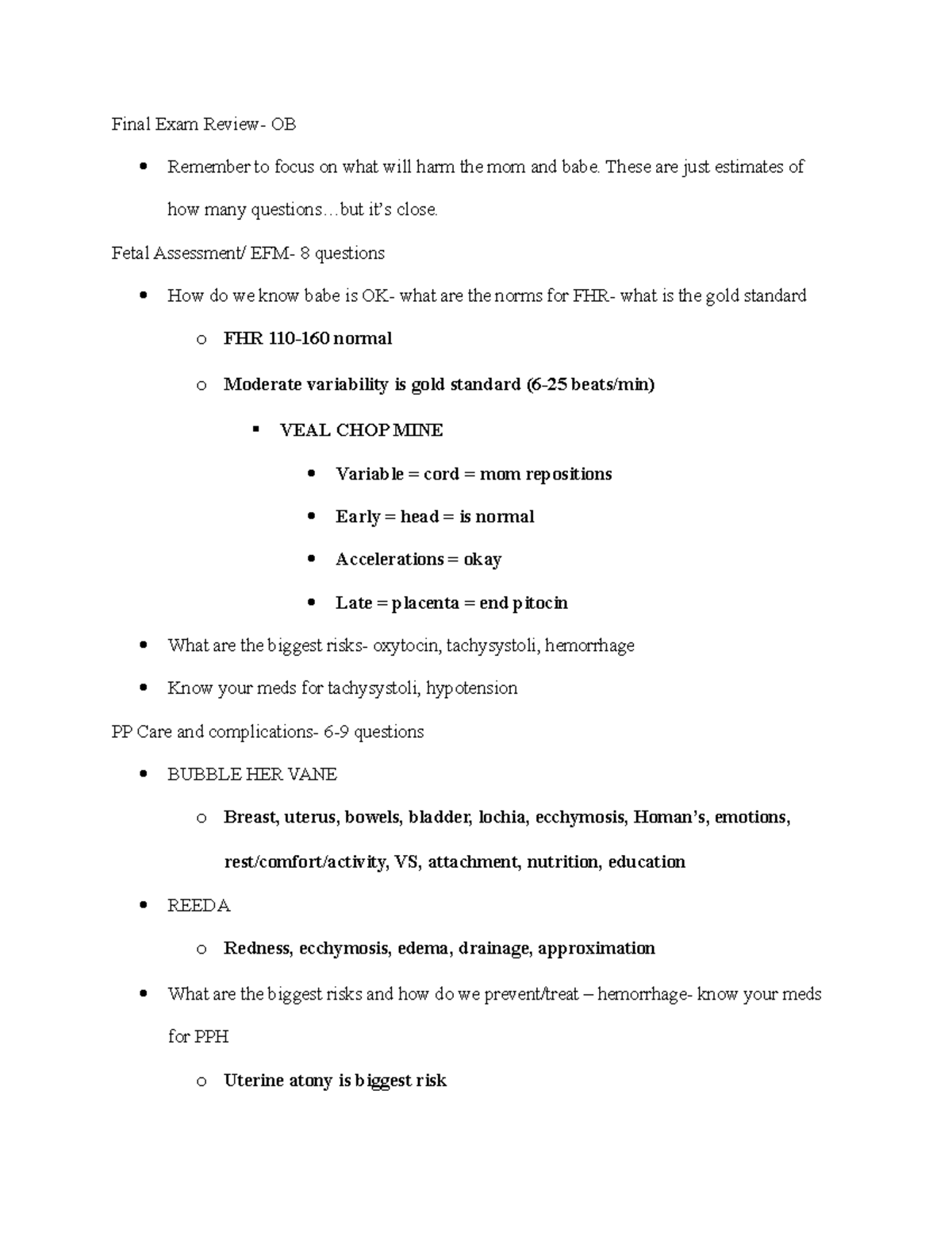 OB:MB Final Guide - Final Exam Review- OB Remember to focus on what ...