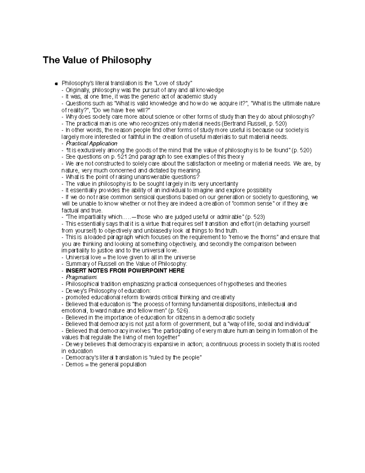 Lecture notes, Value of Philosophy - The Value of Philosophy Philosophy ...