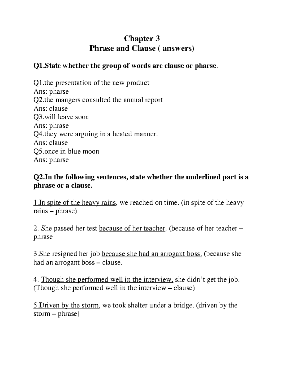 CH-3+Pharse+and+Clause+Note+book-+Answers - Chapter 3 Phrase and Clause ( answers) Q1 whether ...