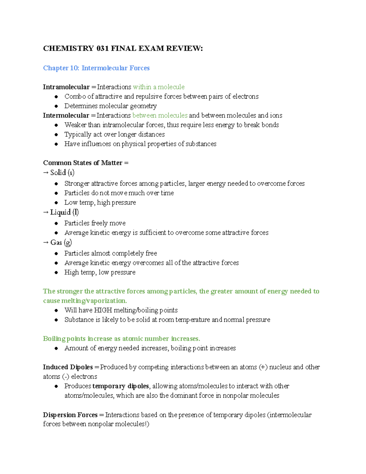 Final Exam Review - ALL CHAPTERS - CHEMISTRY 031 FINAL EXAM REVIEW ...