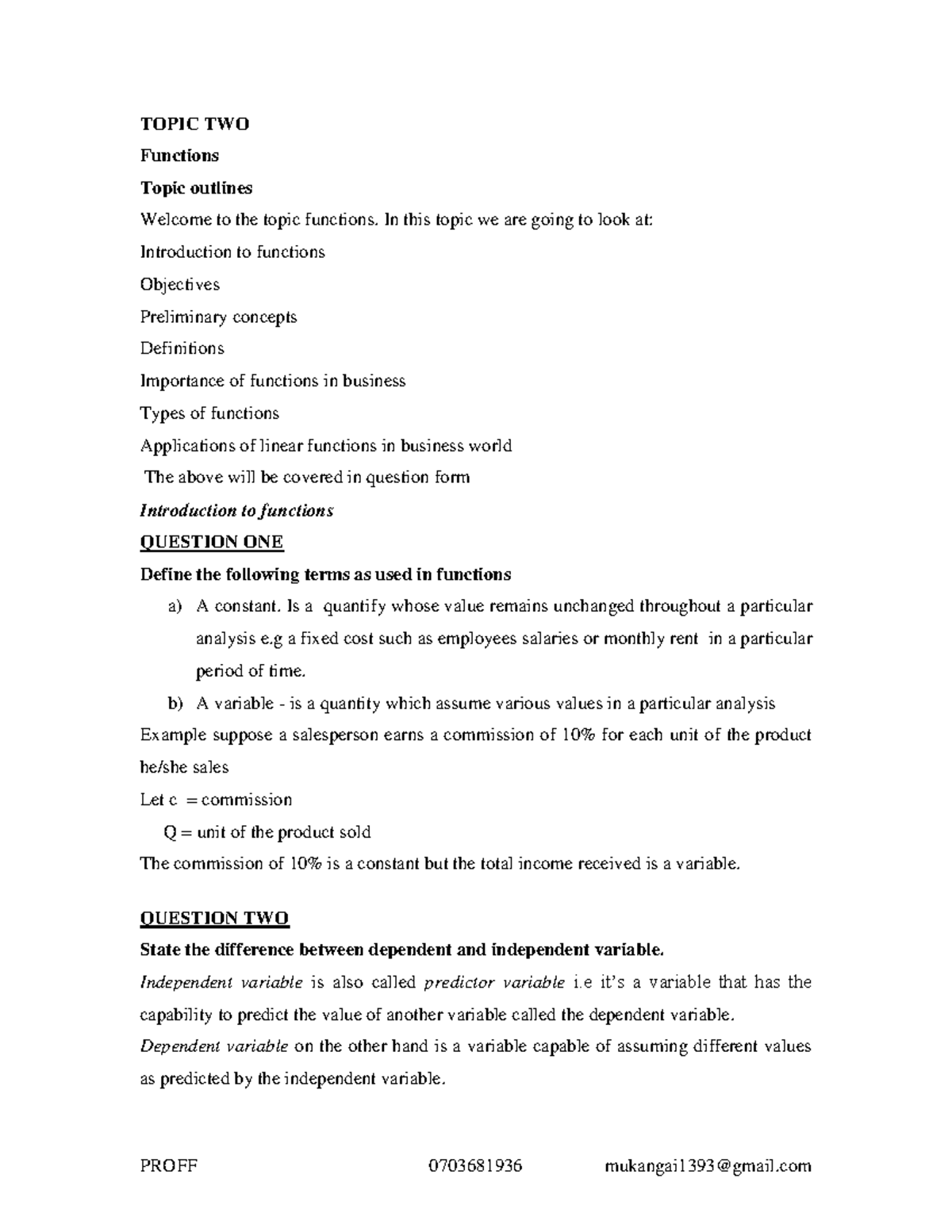 Functions - TOPIC TWO Functions Topic outlines Welcome to the topic ...