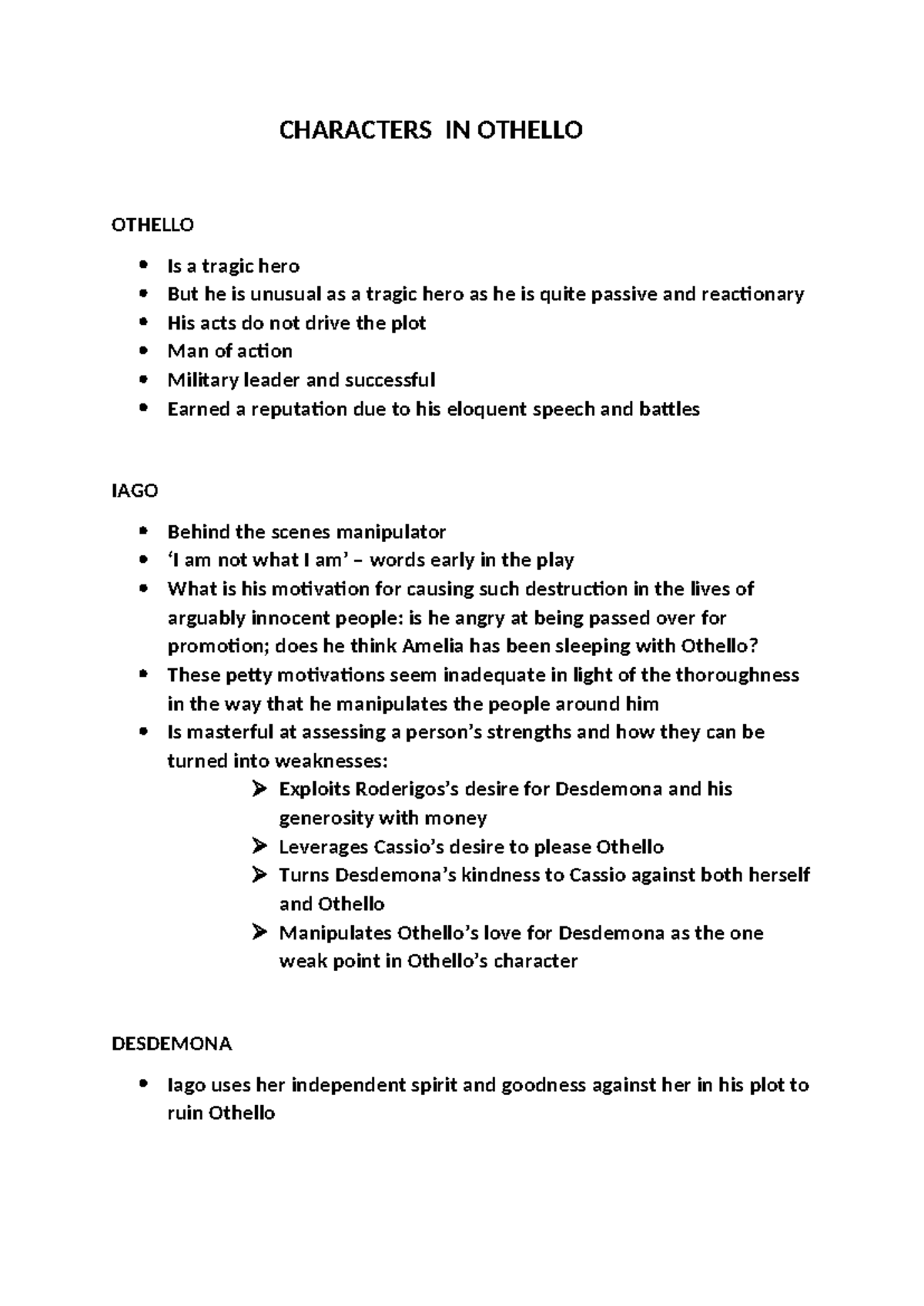 Characters in Othello - CHARACTERS IN OTHELLO OTHELLO Is a tragic hero But he is unusual as a ...