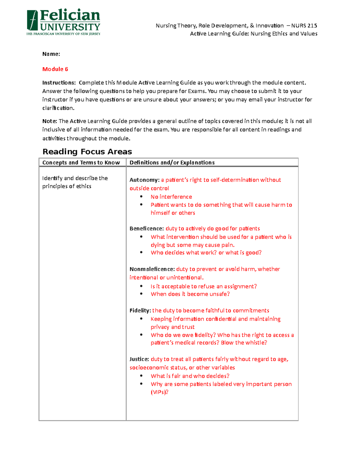 215 Module 6 Active Learning Guide Nursing Ethics and Values - Active ...