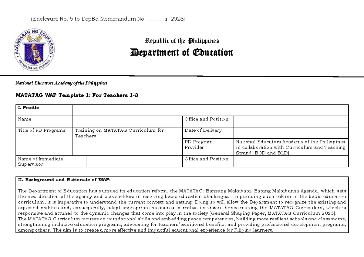 Final Matatag-WAP-Template-1 For-Teachers Session No 15 - (Enclosure No ...