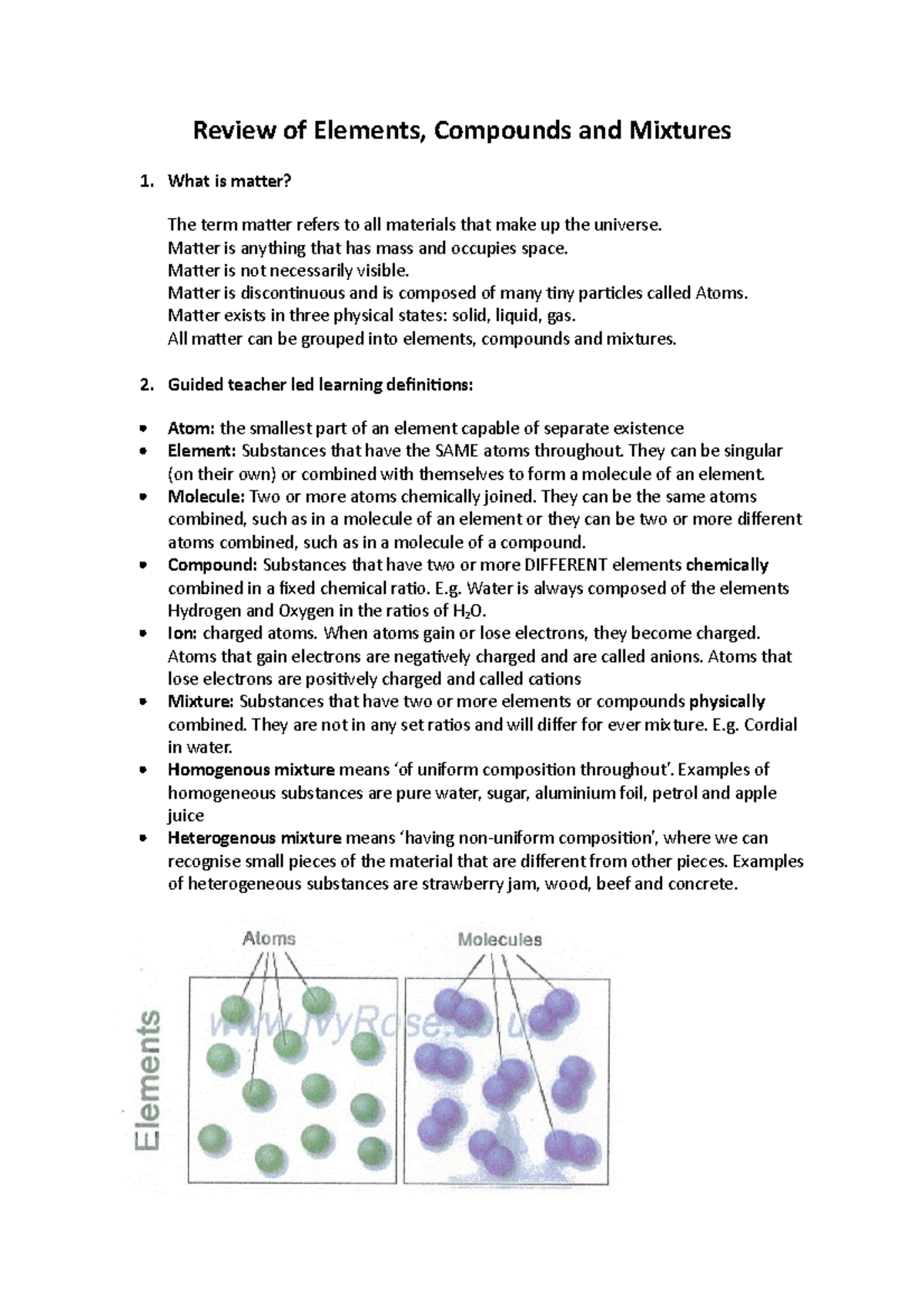 1. Review of Elements, Compounds and Mixtures notes - Review of ...