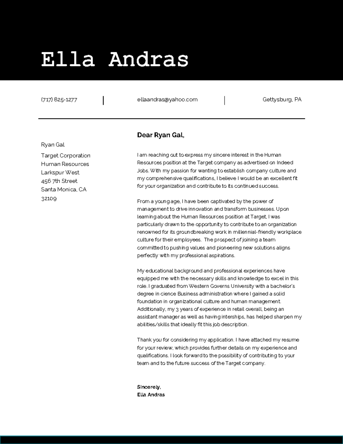Cover Letter AND Resume- Ella Andras - Ella Andras (717) 825-1277 ...