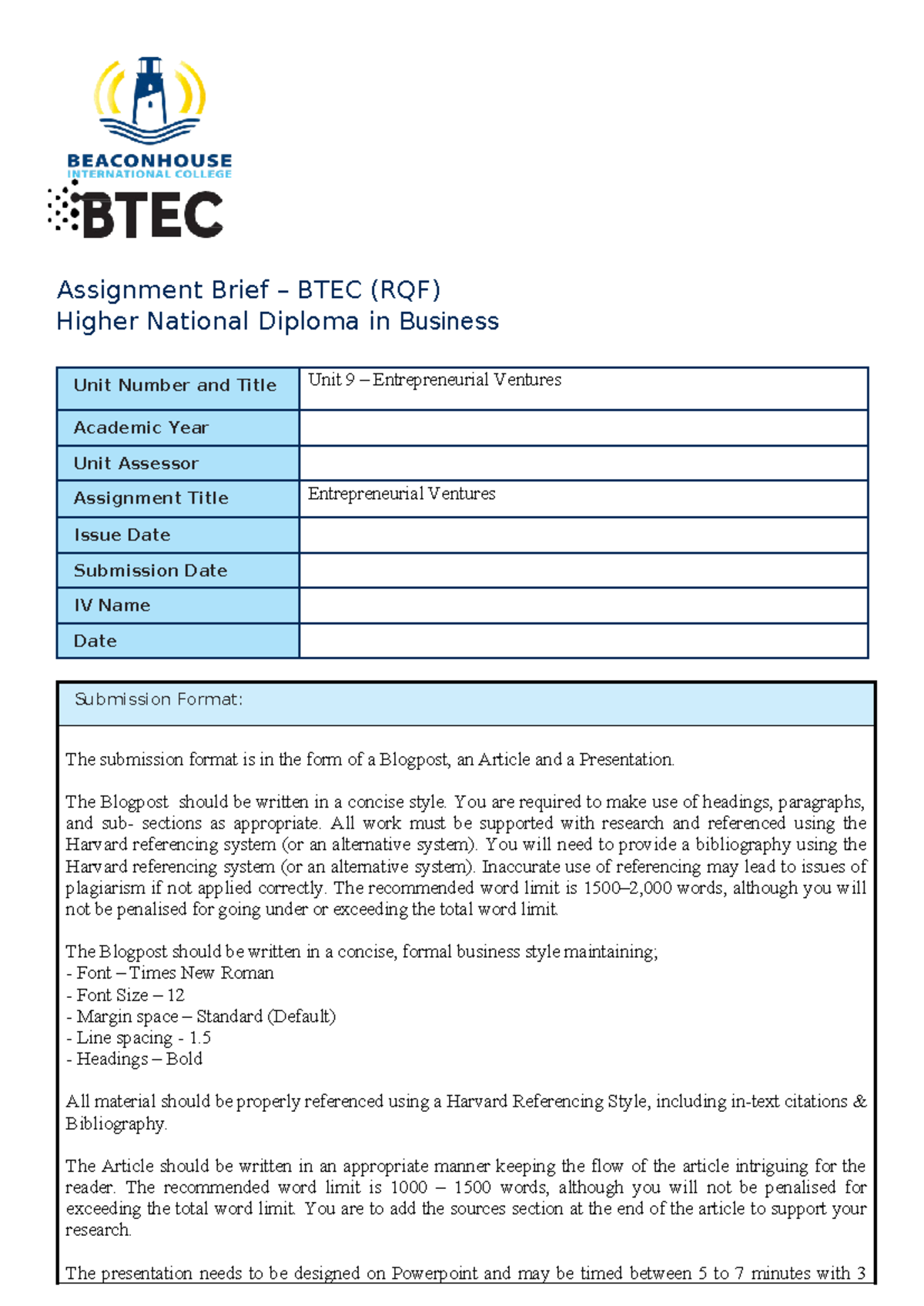 Unit 9 Entrepreneurial Ventures - Assignment Brief – BTEC (RQF) Higher National Diploma in ...