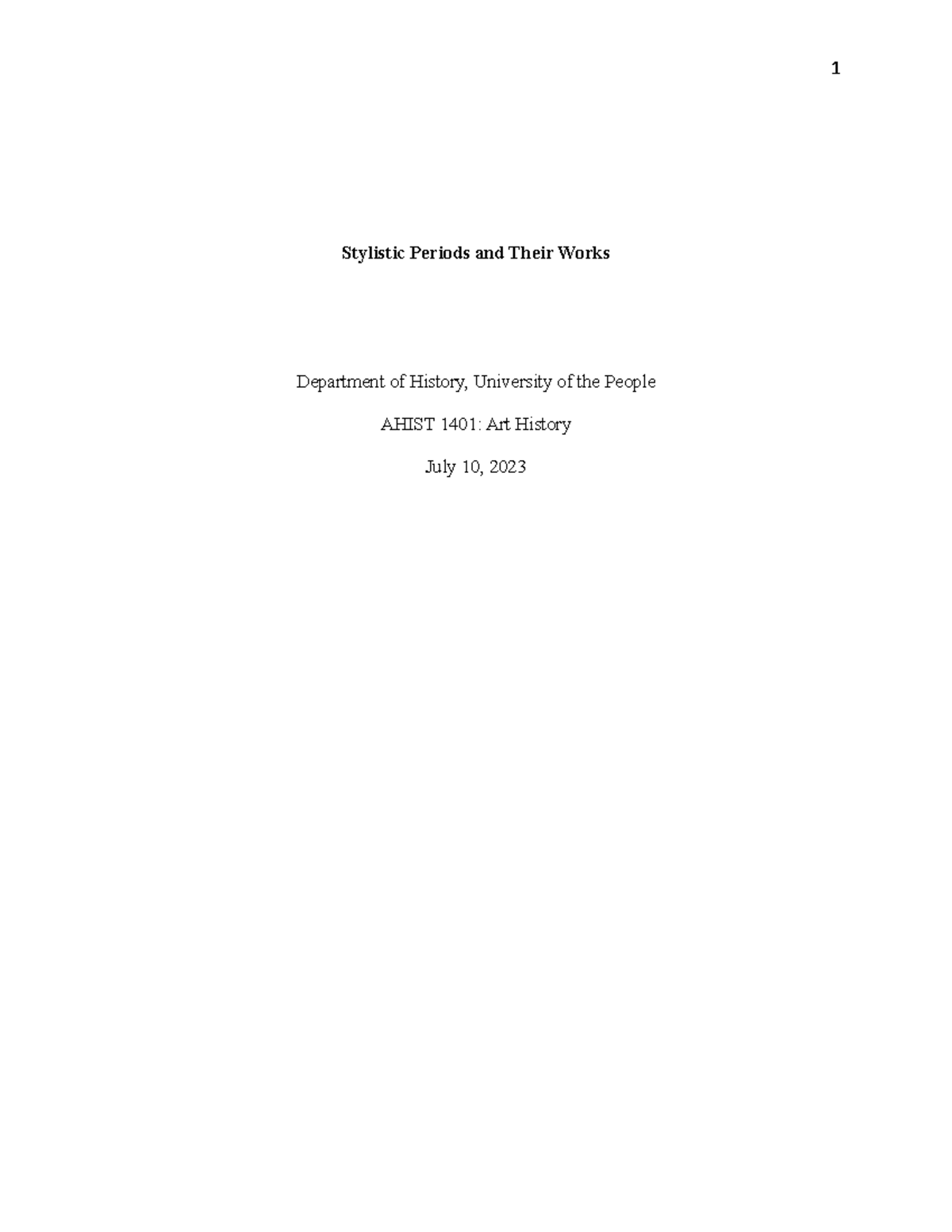 Written Assignment Unit 4 PDF - Stylistic Periods and Their Works Department of History ...