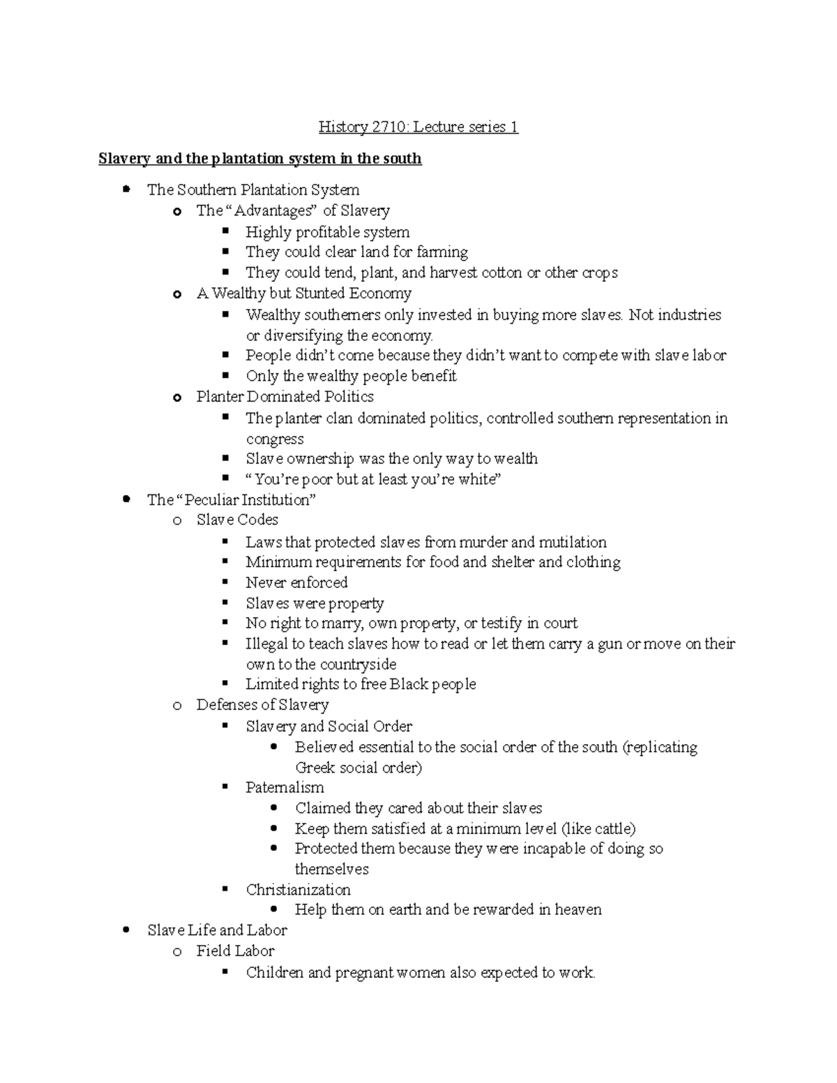 History Lecture Series 1 - History 2710: Lecture series 1 Slavery and ...