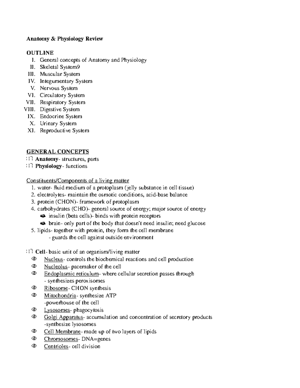 Anat&phys review - Anatomy & Physiology Review OUTLINE I concepts of ...