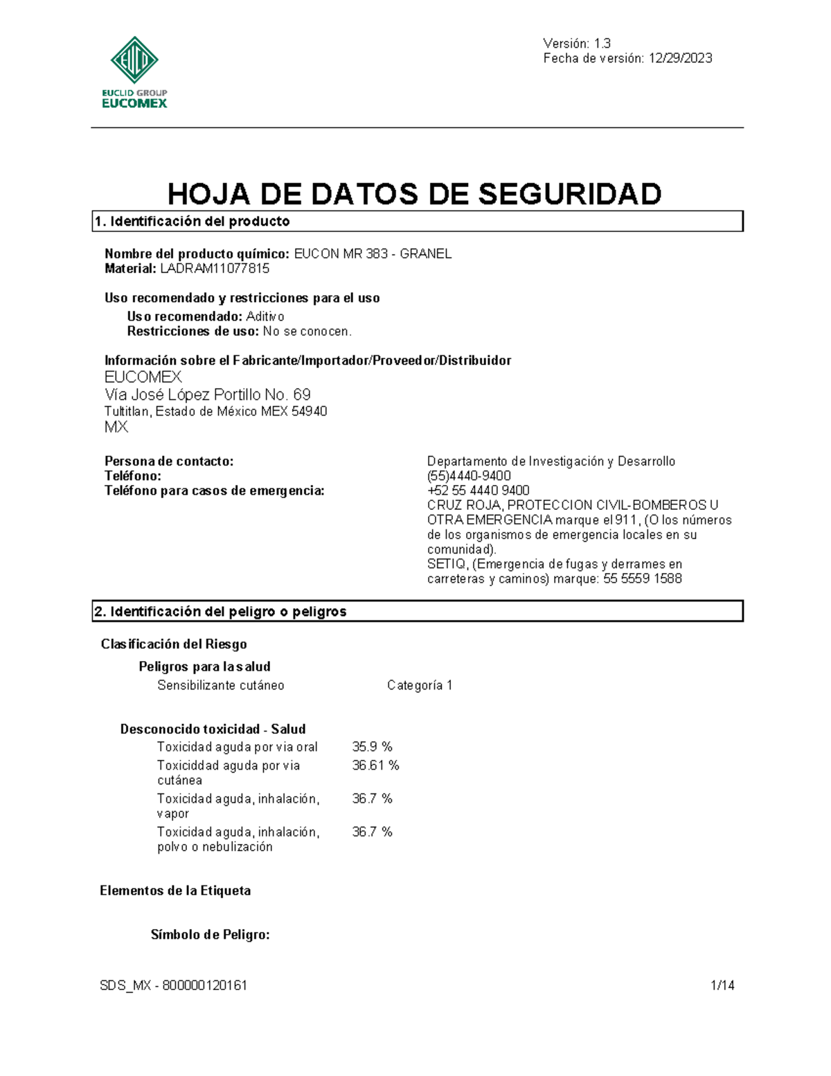 Eucon MR 383 - hoja de seguridad del producto con 16 secciones - Fecha ...