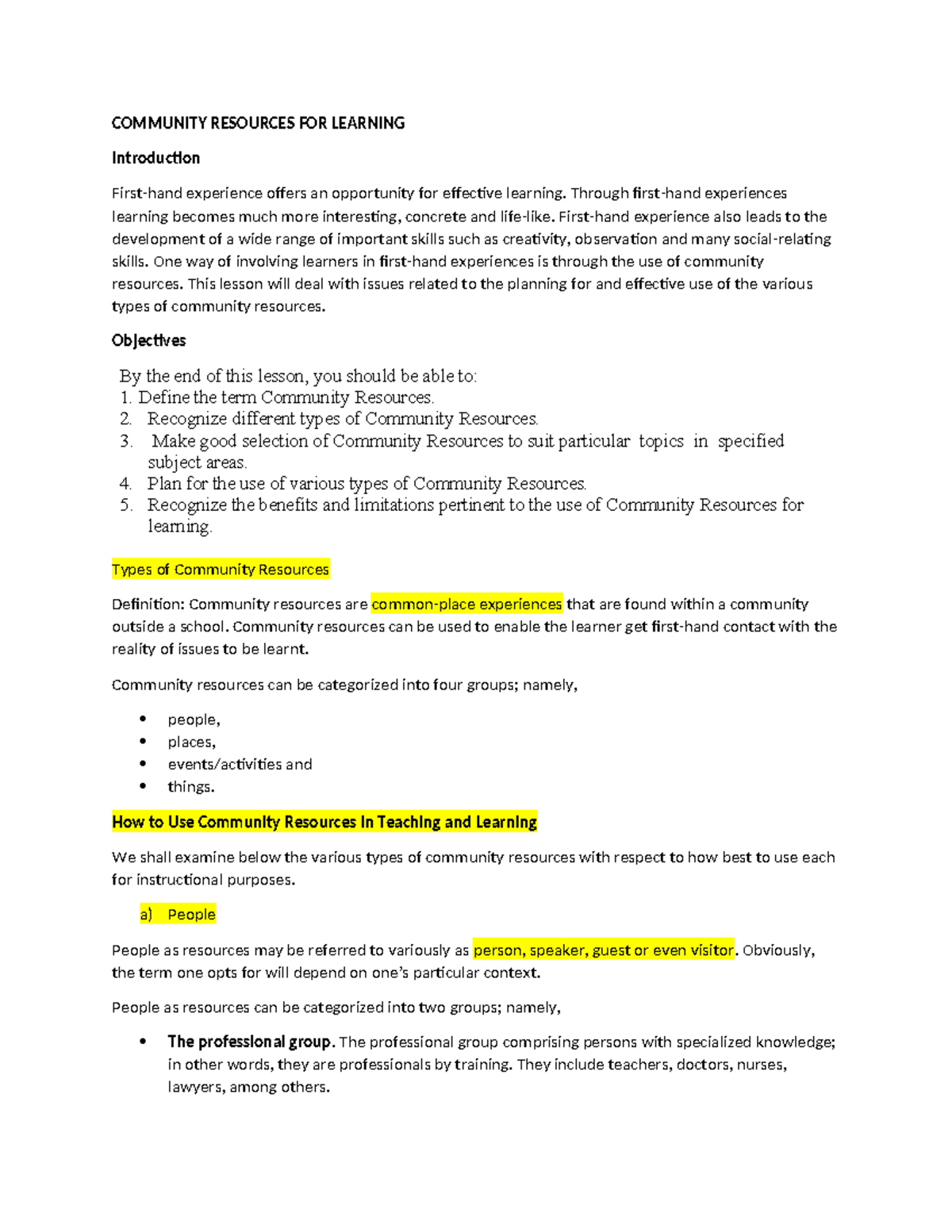 Community Resources FOR Learning - COMMUNITY RESOURCES FOR LEARNING ...