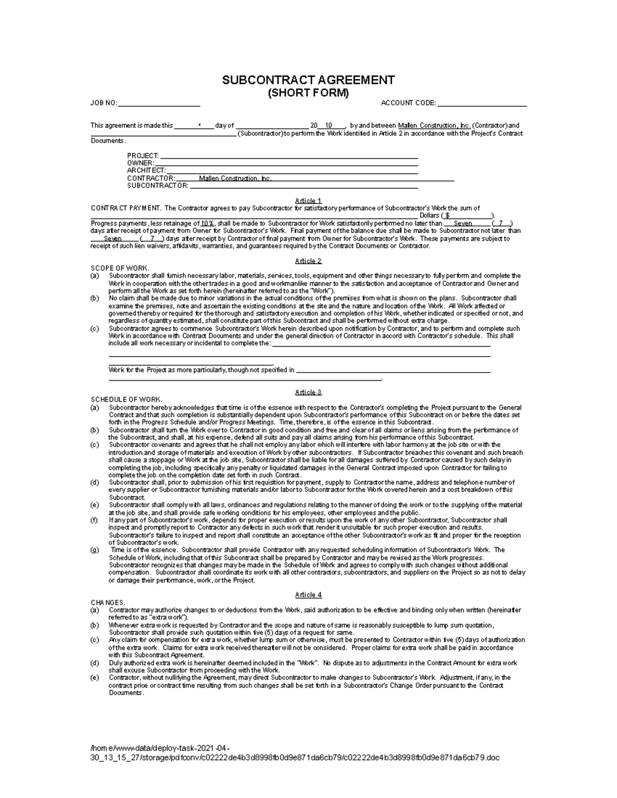 4 Subcontract Agreement Short FORM Blank - SUBCONTRACT AGREEMENT (SHORT ...