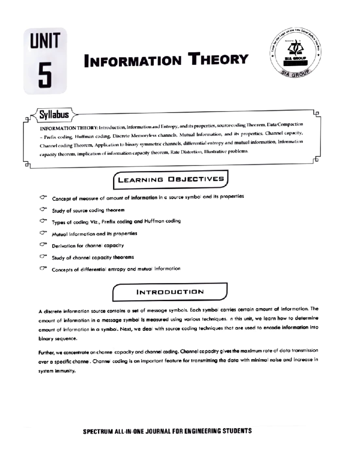 AC-unit spectrum-5 - Hello - Title UNIT INFORMATION THEORY SIA GROUP 5 SIA GROUP q Syllabus P ...
