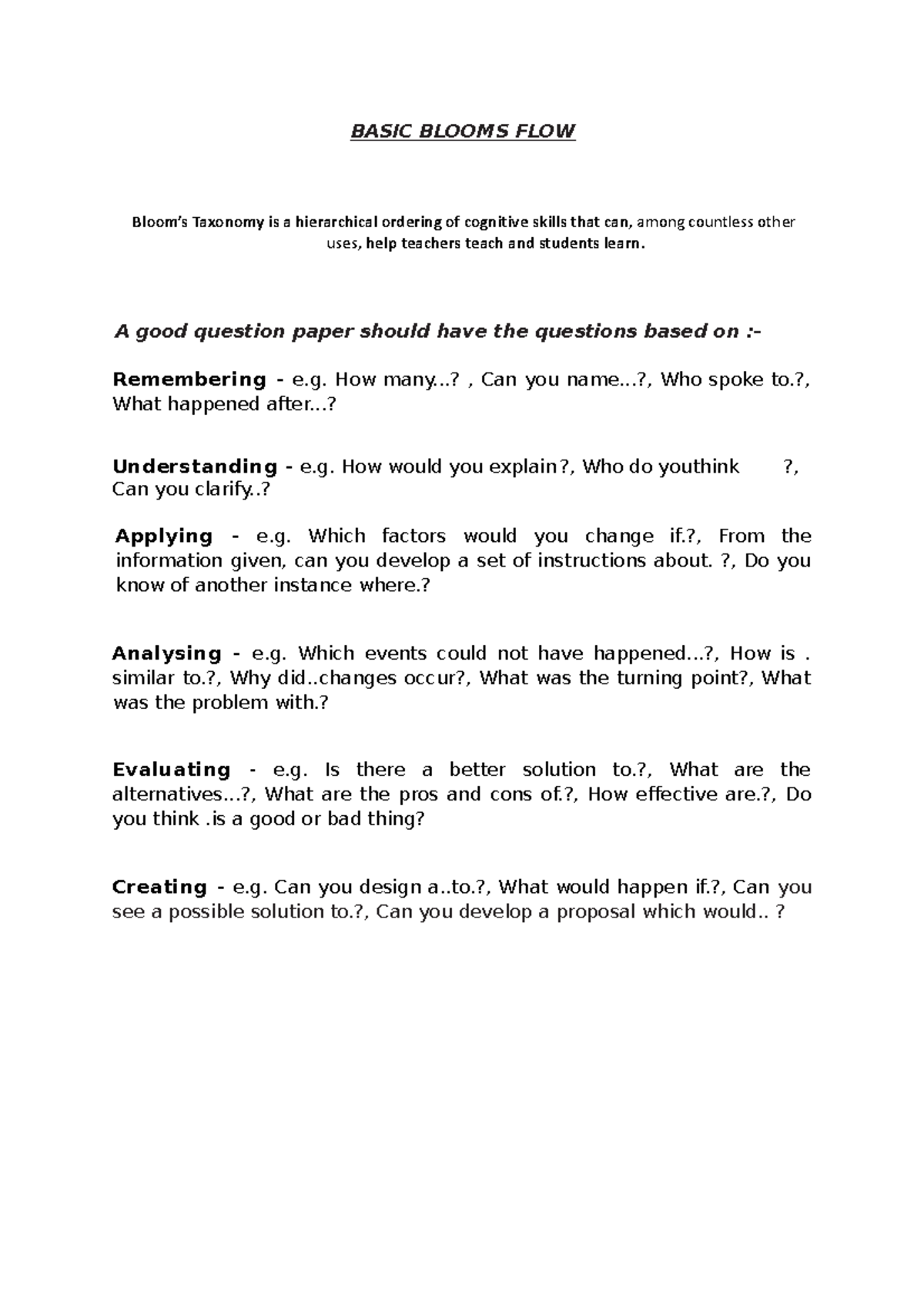 Blooms Basic Elements - BASIC BLOOMS FLOW Bloom’s Taxonomy is a ...