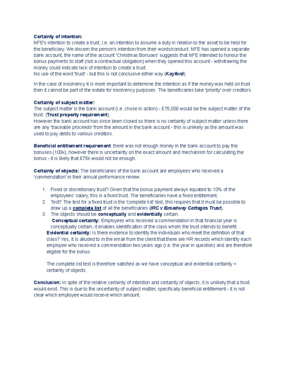 Trusts - Workshop 2 - Certainty of intention: NFE's intention to create a trust, i. an intention ...