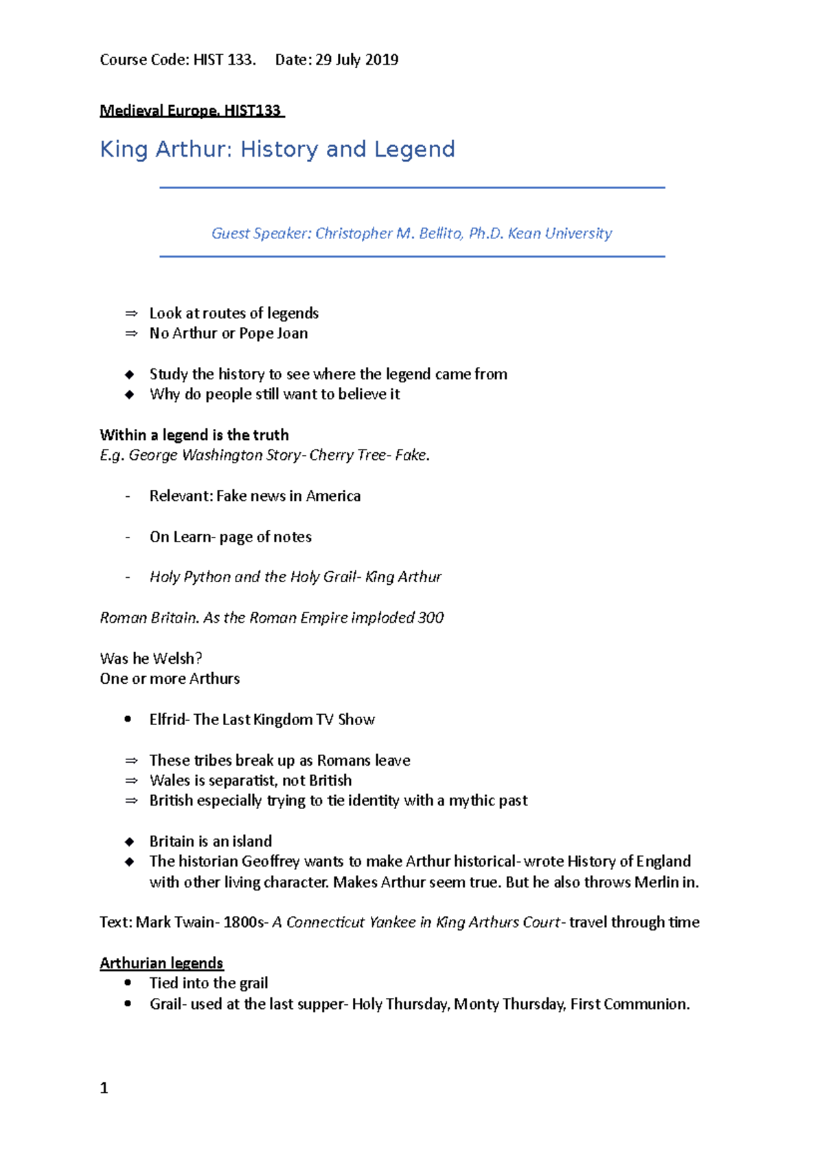 King Arthur -29 July - Lecture notes 53 - Course Code: HIST 133. Date ...