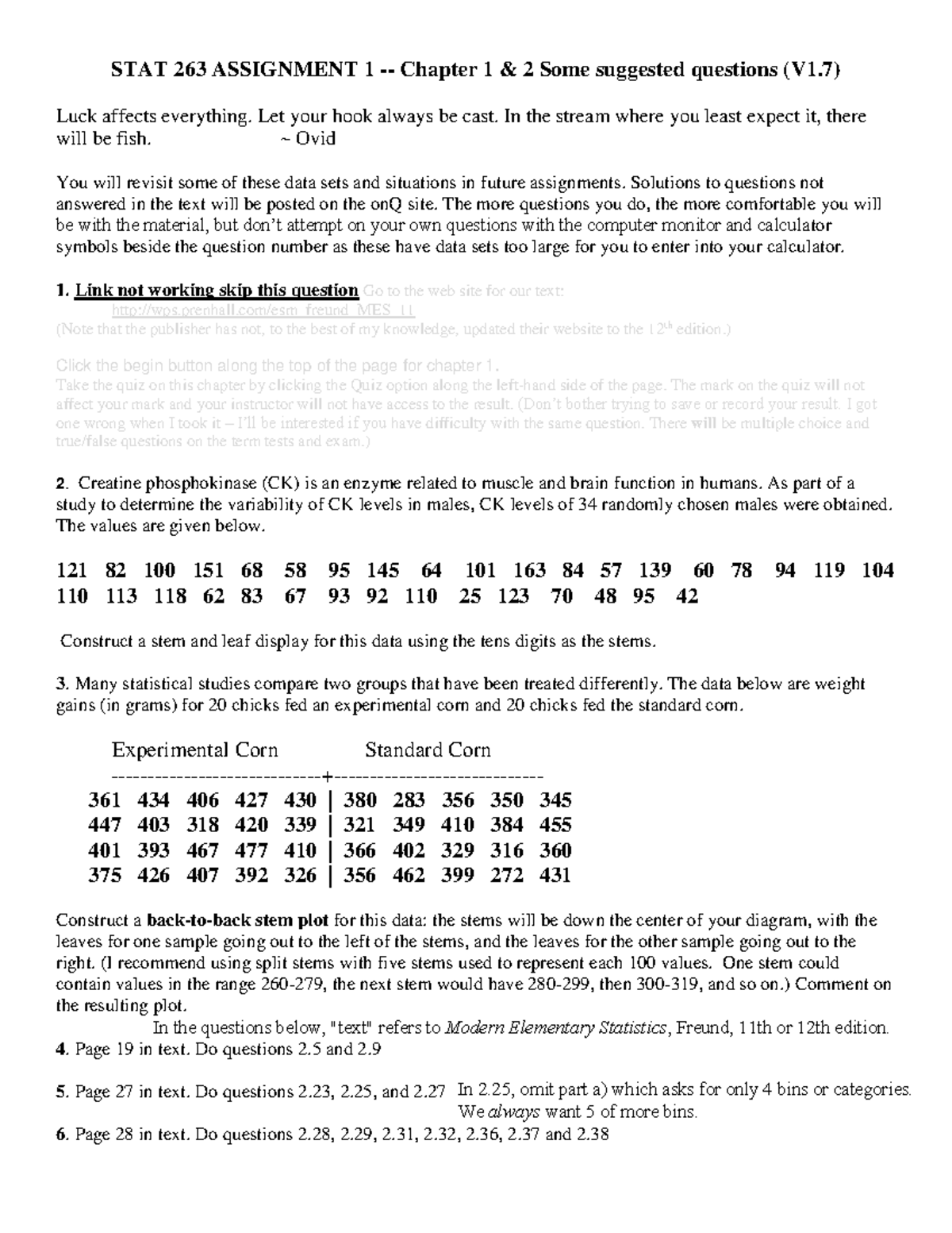 Assignment 1 revised - STAT 263 ASSIGNMENT 1 - Chapter 1 & 2 Some ...