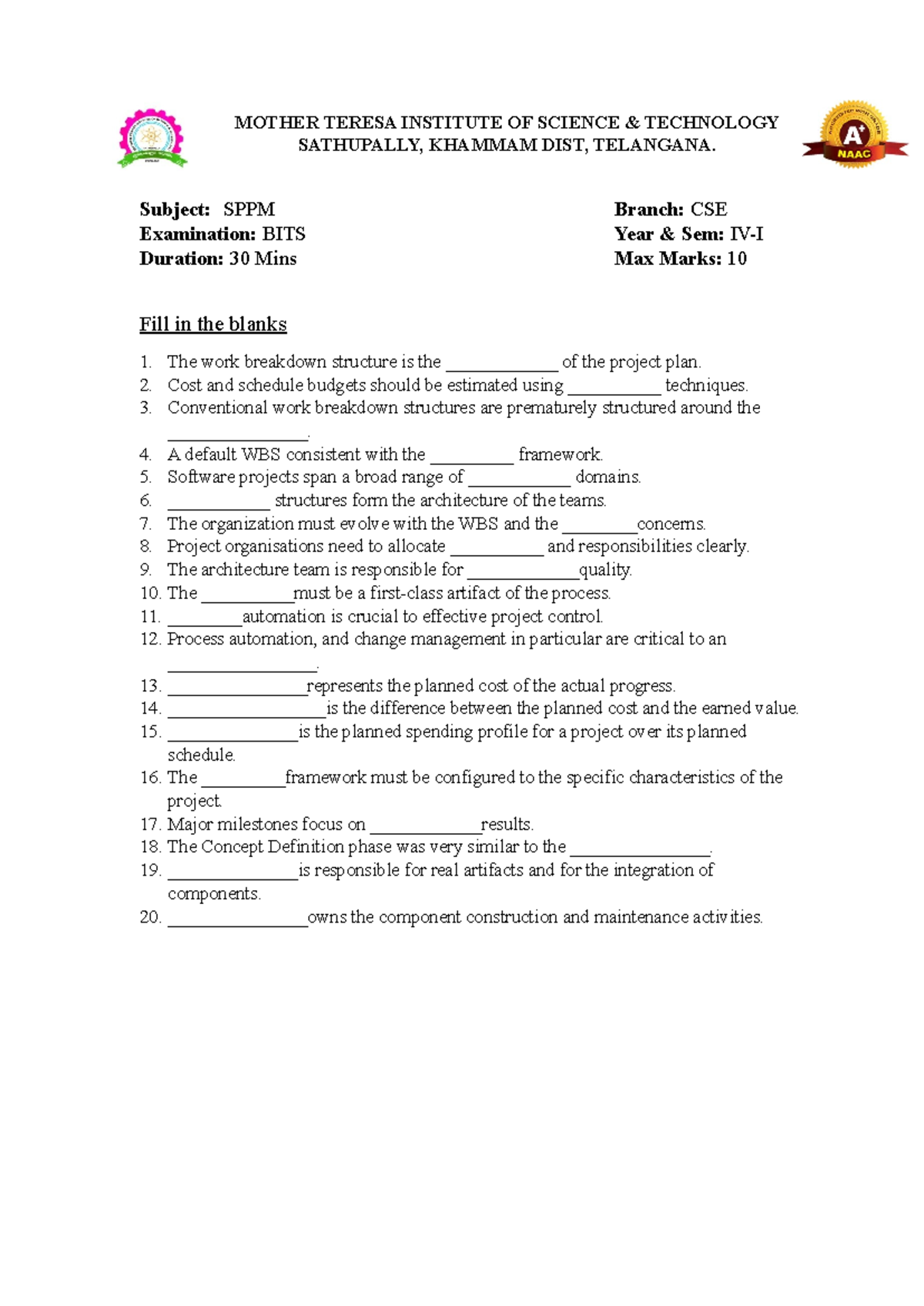SPPM Bits A2 - practice documents - MOTHER TERESA INSTITUTE OF SCIENCE ...