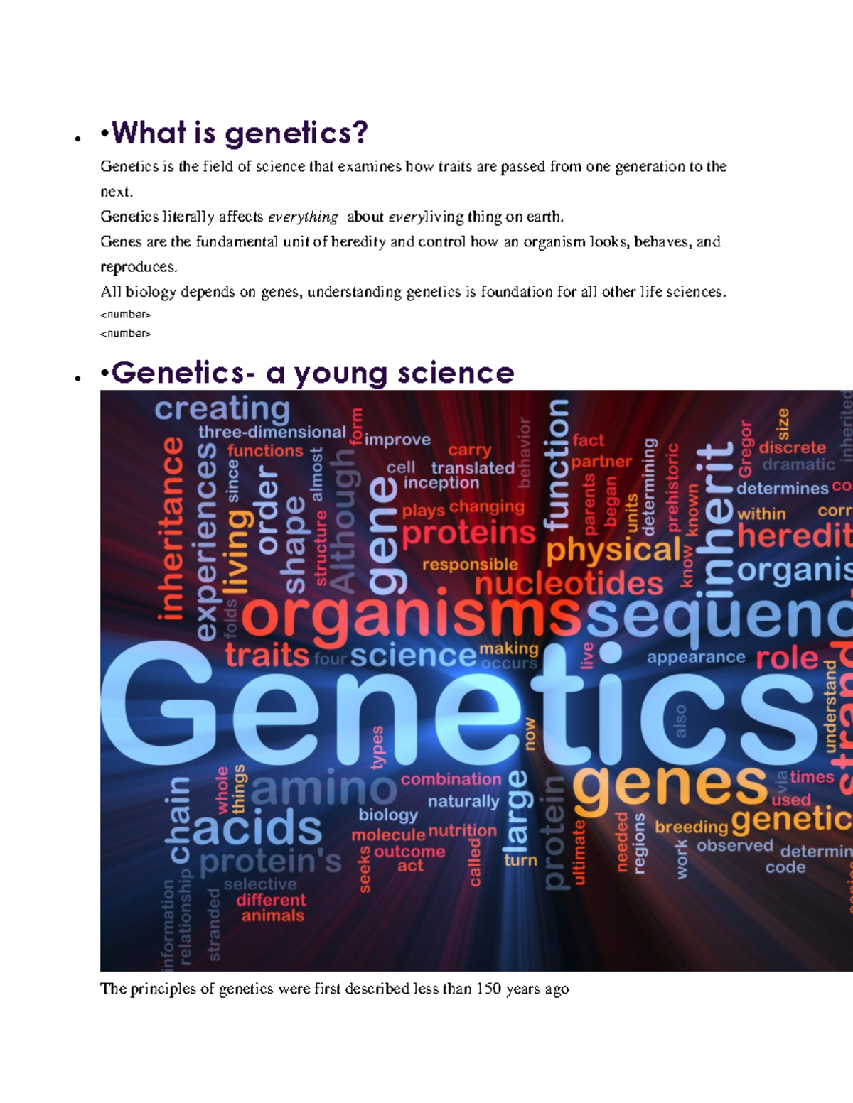 Chapter 1 Notes - •What is genetics? Genetics is the field of science ...