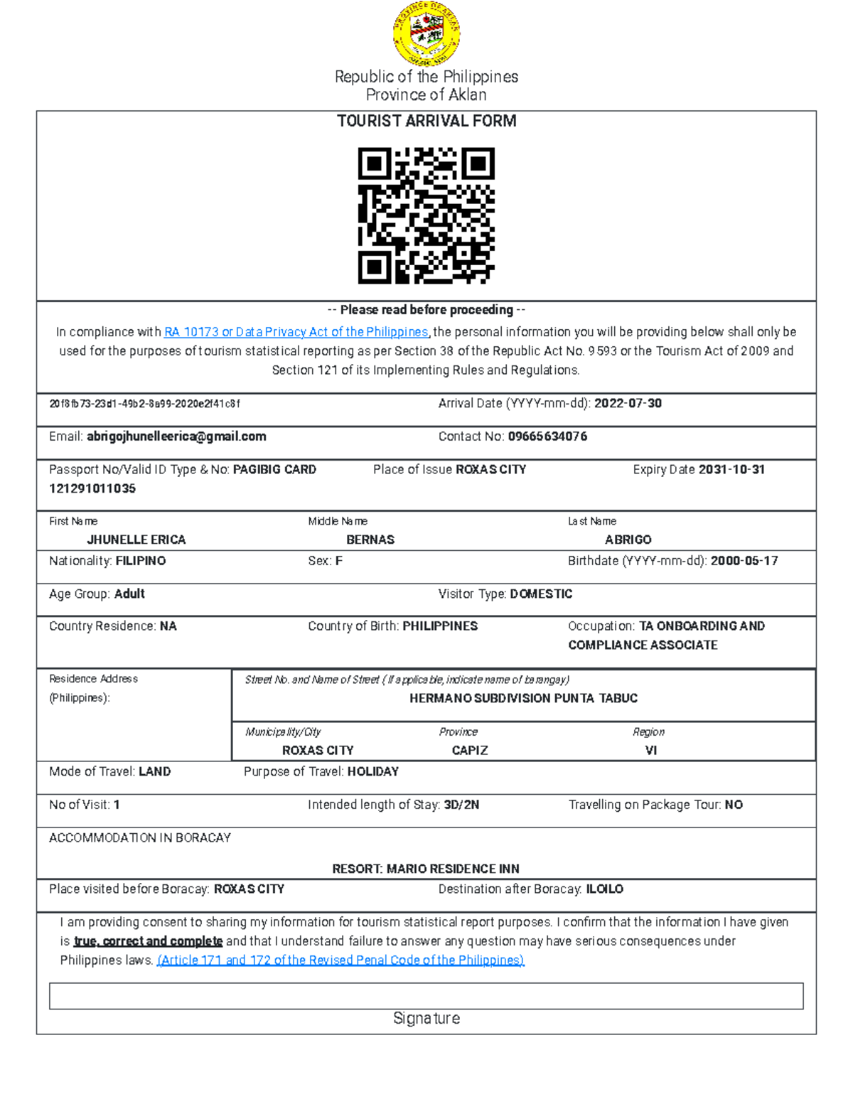 Janel Tourist Arrival Form - Republic of the Philippines Province of ...