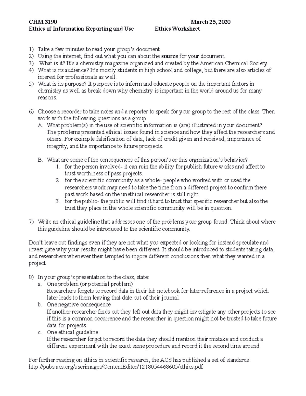CHM 319 0 Ethics Worksheet (kayla clark) - CHM 3190 March 25, 2020 Ethics of Information ...