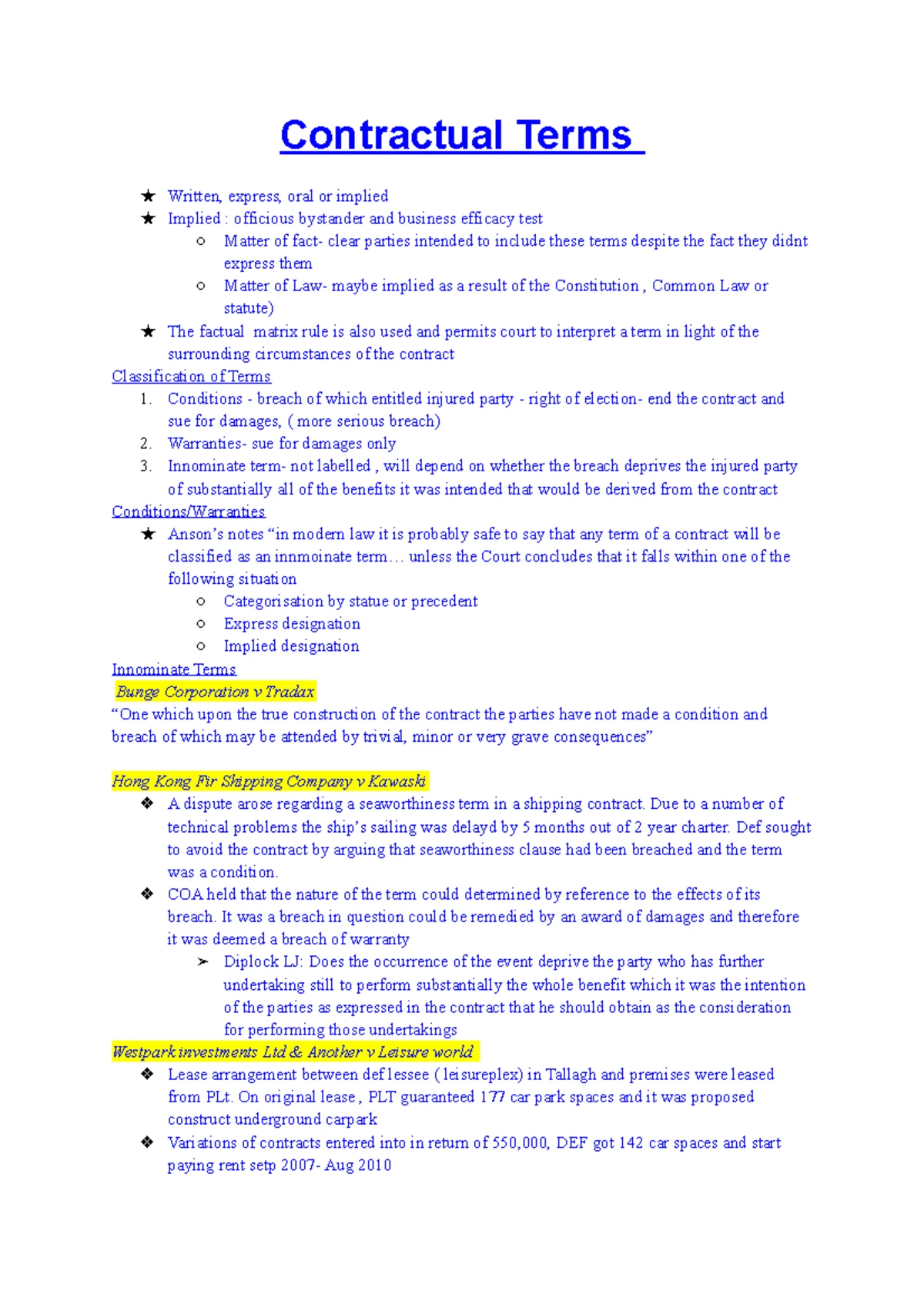 CONTRACT LAW_FE1 COMBINED NOTES Contractual Terms - Contractual Terms ...