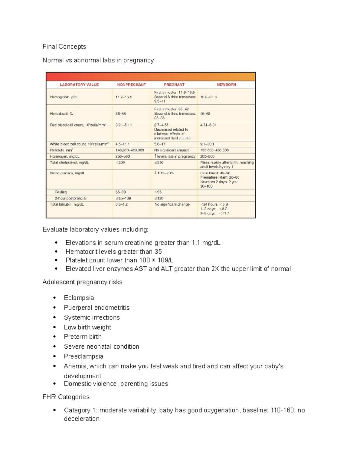 Final Review Topics - Final Concepts Normal vs abnormal labs in ...