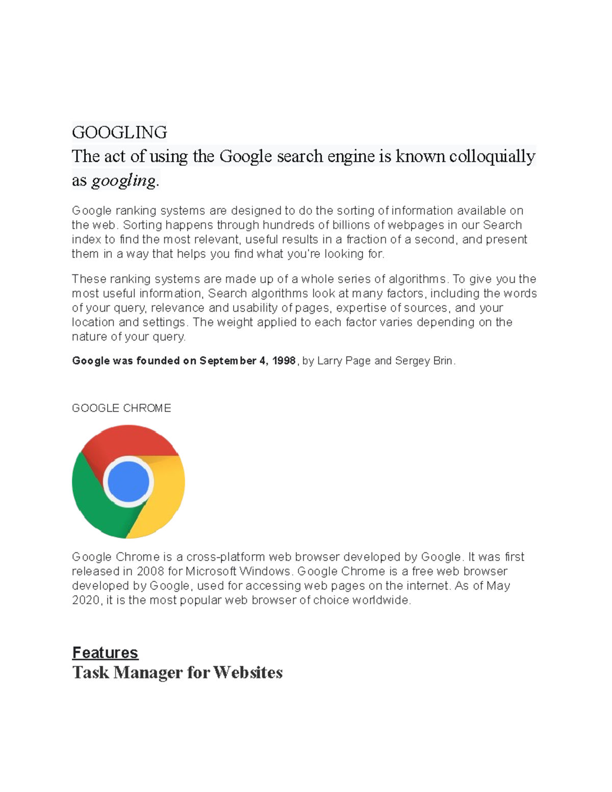 Module 5 - GOOGLING The act of using the Google search engine is known ...