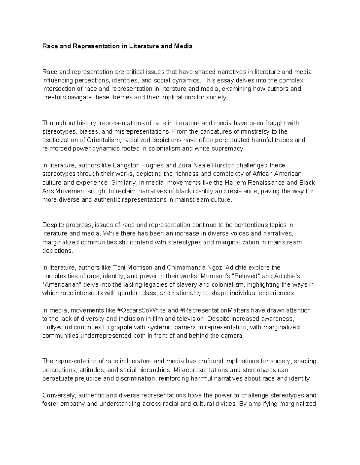 Race and Representation in Literature and Media - This essay delves ...